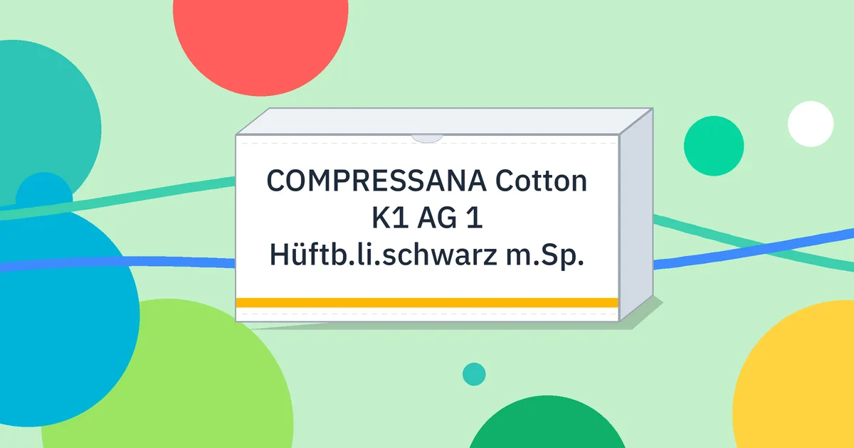 Symbolbild: Packung mit der Aufschrift COMPRESSANA Cotton K1 AG 1 Hüftb.li.schwarz m.Sp. (PZN 12980104) – Verfügbarkeit und Bezug in Apotheken in Frankfurt am Main