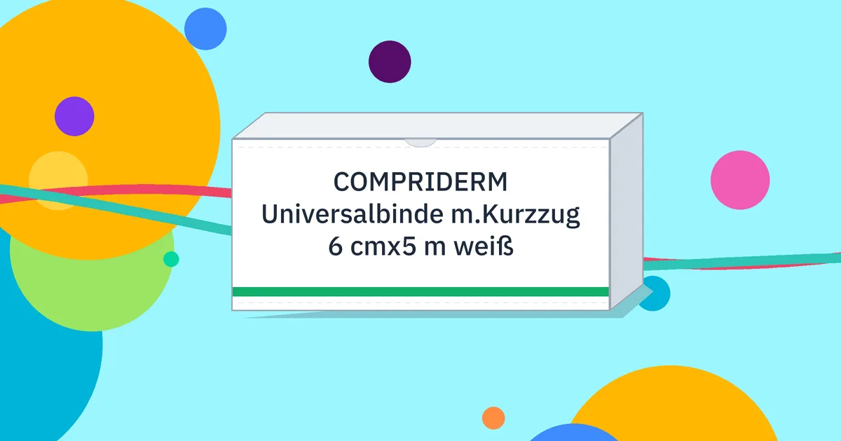 Symbolbild: Packung mit der Aufschrift COMPRIDERM Universalbinde m.Kurzzug 6 cmx5 m weiß (PZN 05549363) – Verfügbarkeit und Bezug in Apotheken in Frankfurt am Main