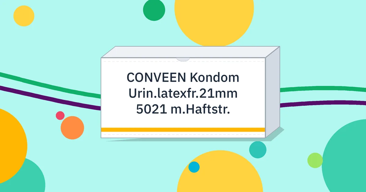 Symbolbild: Packung mit der Aufschrift CONVEEN Kondom Urin.latexfr.21mm 5021 m.Haftstr. (PZN 08524056) – Verfügbarkeit und Bezug in Apotheken in Frankfurt am Main