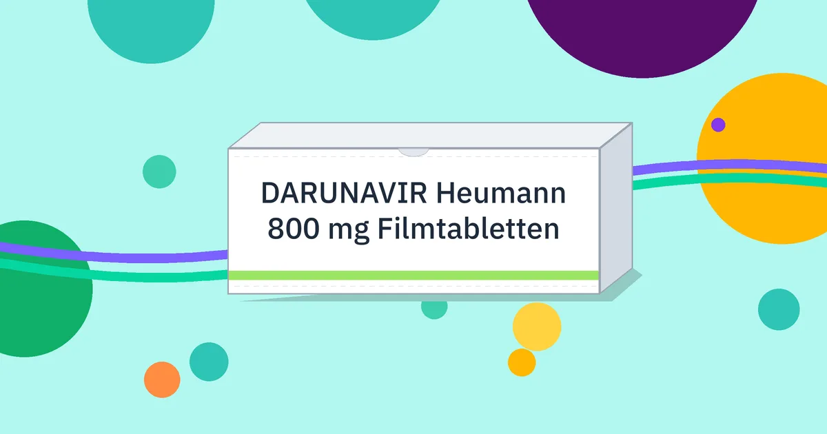 Symbolbild: Packung mit der Aufschrift DARUNAVIR Heumann 800 mg Filmtabletten (PZN 14131705) – Verfügbarkeit und Bezug in Apotheken in Frankfurt am Main