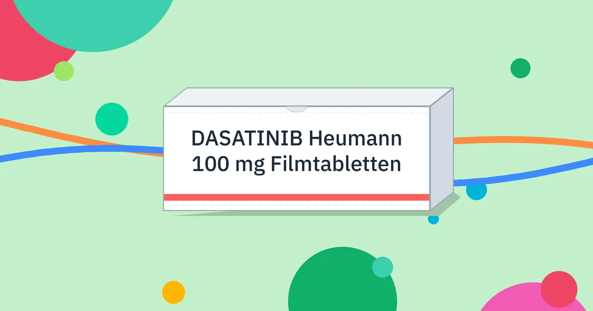 Symbolbild: Packung mit der Aufschrift DASATINIB Heumann 100 mg Filmtabletten (PZN 18066933) – Verfügbarkeit und Bezug in Apotheken in Frankfurt am Main