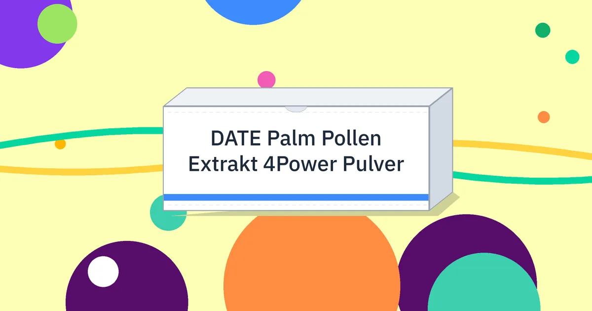 Symbolbild: Packung mit der Aufschrift DATE Palm Pollen Extrakt 4Power Pulver (PZN 17940411) – Verfügbarkeit und Bezug in Apotheken in Frankfurt am Main