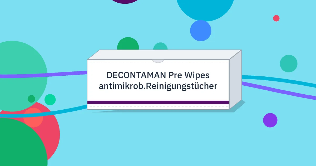 Symbolbild: Packung mit der Aufschrift DECONTAMAN Pre Wipes antimikrob.Reinigungstücher (PZN 15433609) – Verfügbarkeit und Bezug in Apotheken in Frankfurt am Main