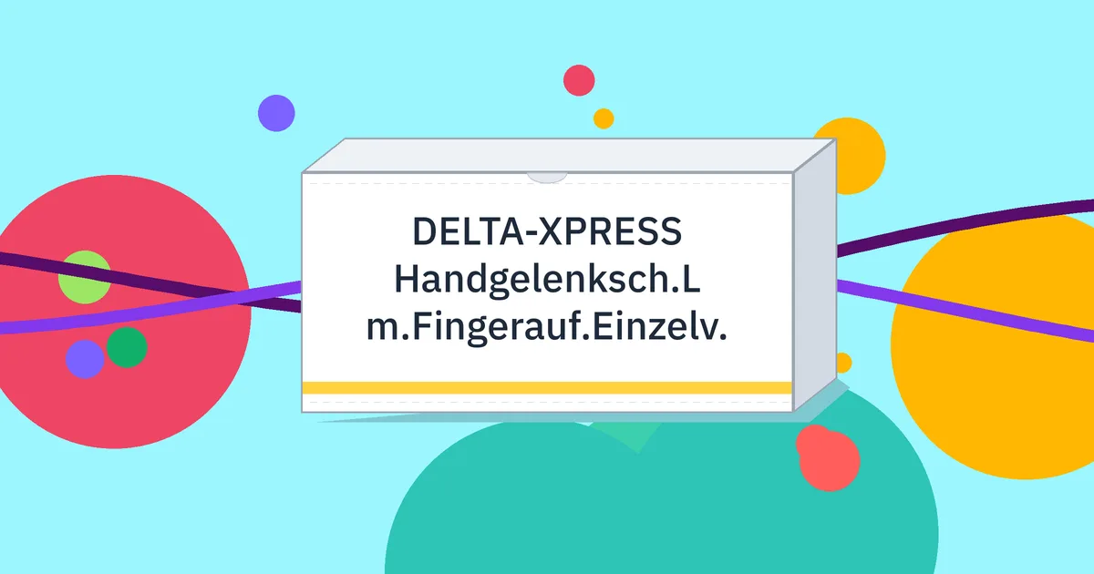 Symbolbild: Packung mit der Aufschrift DELTA-XPRESS Handgelenksch.L m.Fingerauf.Einzelv. (PZN 07619866) – Verfügbarkeit und Bezug in Apotheken in Frankfurt am Main