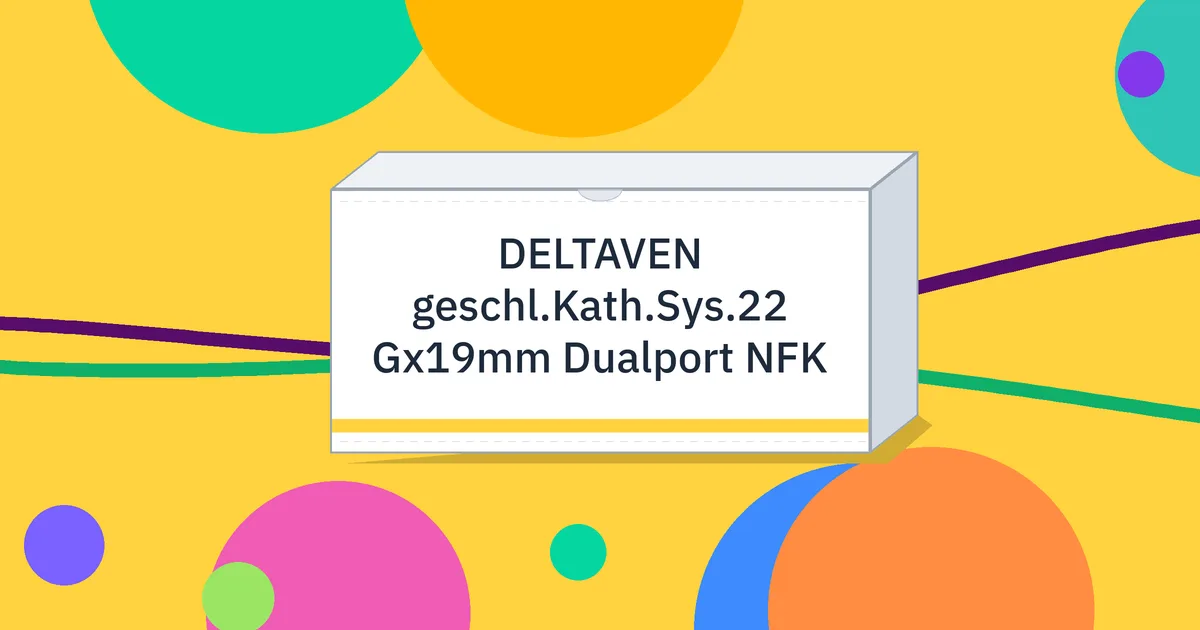 Symbolbild: Packung mit der Aufschrift DELTAVEN geschl.Kath.Sys.22 Gx19mm Dualport NFK (PZN 13977162) – Verfügbarkeit und Bezug in Apotheken in Frankfurt am Main
