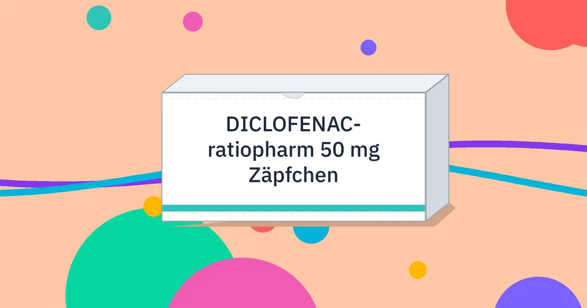 Symbolbild: Packung mit der Aufschrift DICLOFENAC-ratiopharm 50 mg Zäpfchen (PZN 06605945) – Verfügbarkeit und Bezug in Apotheken in Frankfurt am Main