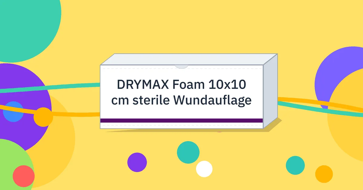 Symbolbild: Packung mit der Aufschrift DRYMAX Foam 10x10 cm sterile Wundauflage (PZN 17377128) – Verfügbarkeit und Bezug in Apotheken in Frankfurt am Main