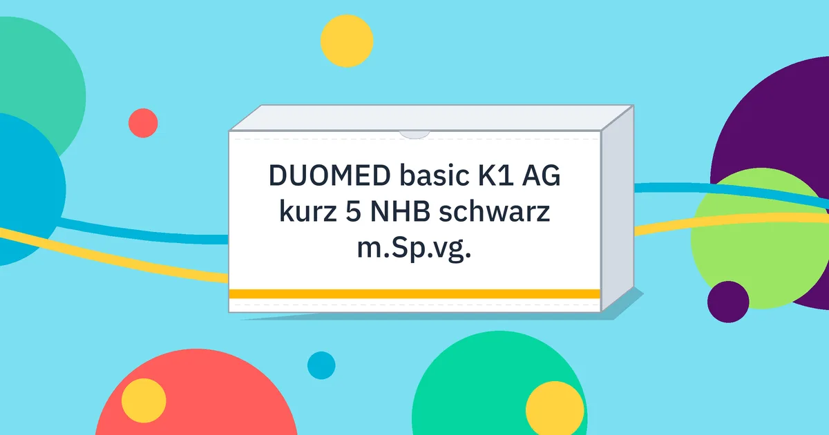 Symbolbild: Packung mit der Aufschrift DUOMED basic K1 AG kurz 5 NHB schwarz m.Sp.vg. (PZN 20904867) – Verfügbarkeit und Bezug in Apotheken in Frankfurt am Main