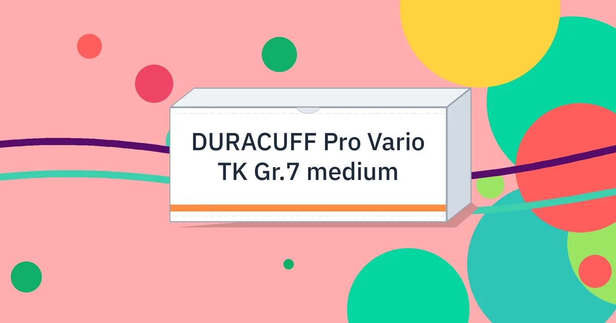 Symbolbild: Packung mit der Aufschrift DURACUFF Pro Vario TK Gr.7 medium (PZN 19244880) – Verfügbarkeit und Bezug in Apotheken in Frankfurt am Main