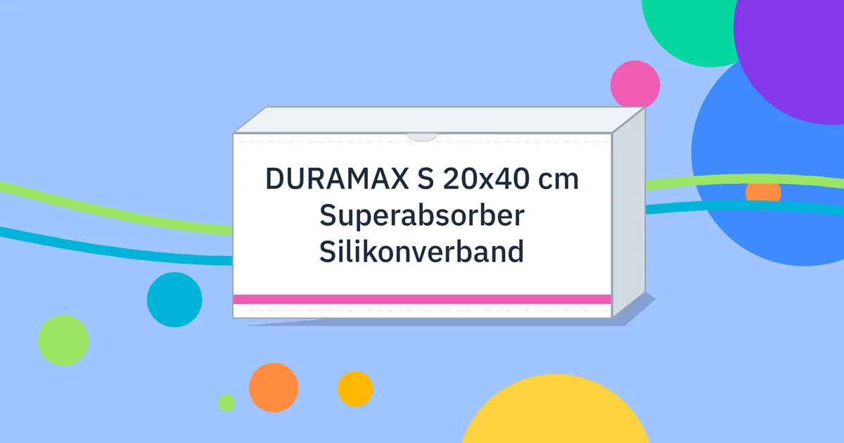 Symbolbild: Packung mit der Aufschrift DURAMAX S 20x40 cm Superabsorber Silikonverband (PZN 17944509) – Verfügbarkeit und Bezug in Apotheken in Frankfurt am Main
