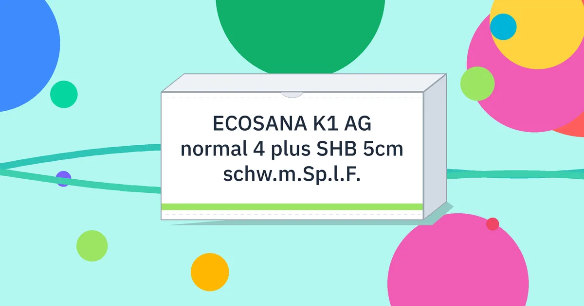Symbolbild: Packung mit der Aufschrift ECOSANA K1 AG normal 4 plus SHB 5cm schw.m.Sp.l.F. (PZN 04728135) – Verfügbarkeit und Bezug in Apotheken in Frankfurt am Main