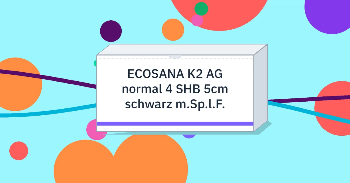 Symbolbild: Packung mit der Aufschrift ECOSANA K2 AG normal 4 SHB 5cm schwarz m.Sp.l.F. (PZN 10956981) – Verfügbarkeit und Bezug in Apotheken in Frankfurt am Main