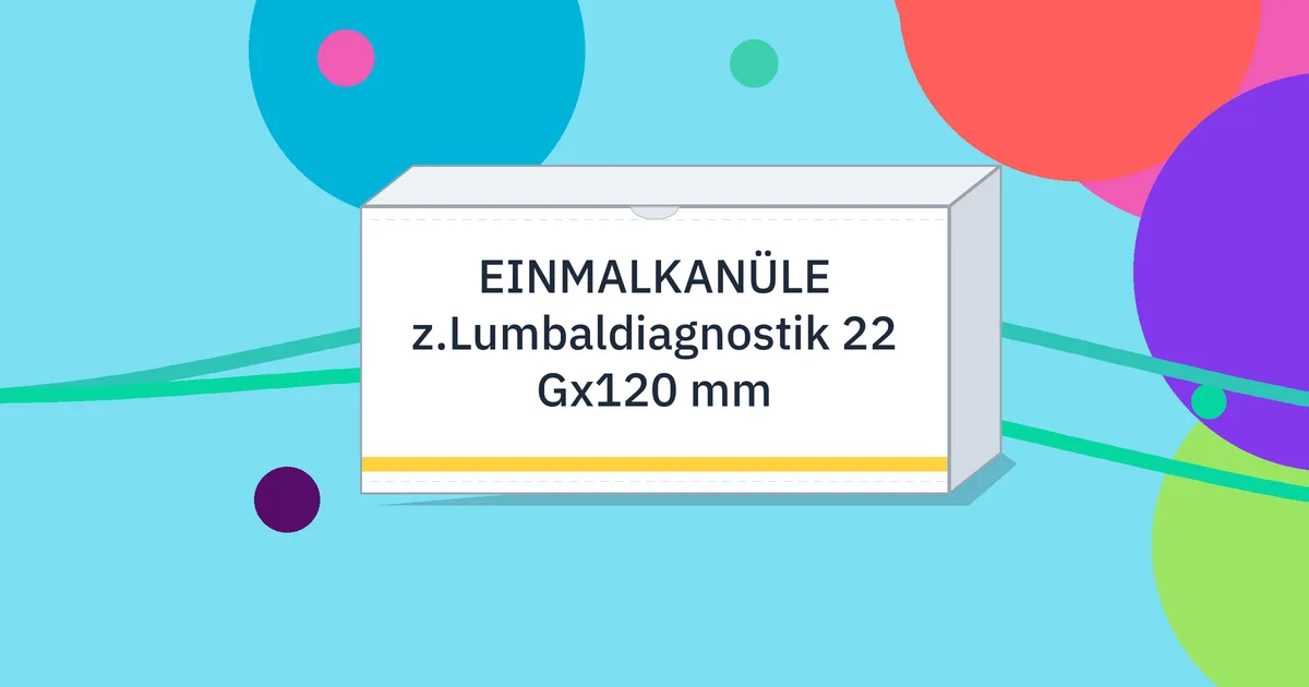 Symbolbild: Packung mit der Aufschrift EINMALKANÜLE z.Lumbaldiagnostik 22 Gx120 mm (PZN 00884387) – Verfügbarkeit und Bezug in Apotheken in Frankfurt am Main