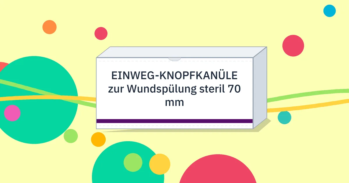 Symbolbild: Packung mit der Aufschrift EINWEG-KNOPFKANÜLE zur Wundspülung steril 70 mm (PZN 16956887) – Verfügbarkeit und Bezug in Apotheken in Frankfurt am Main