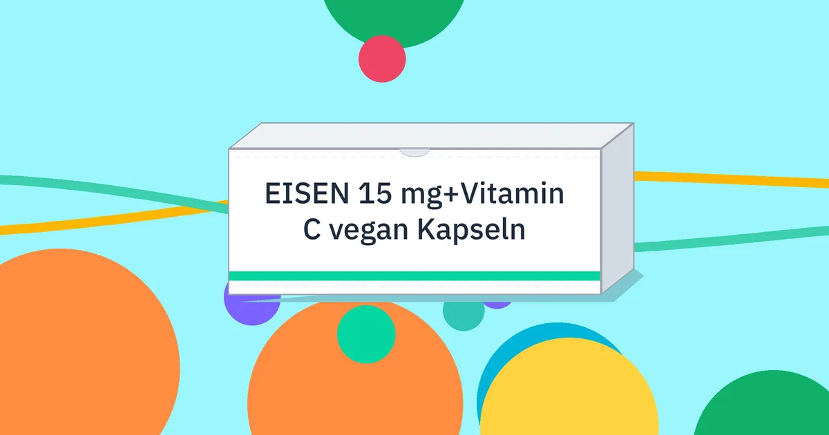 Symbolbild: Packung mit der Aufschrift EISEN 15 mg+Vitamin C vegan Kapseln (PZN 19384322) – Verfügbarkeit und Bezug in Apotheken in Frankfurt am Main