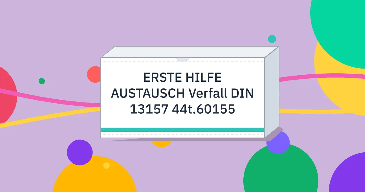 Symbolbild: Packung mit der Aufschrift ERSTE HILFE AUSTAUSCH Verfall DIN 13157 44t.60155 (PZN 13198179) – Verfügbarkeit und Bezug in Apotheken in Frankfurt am Main