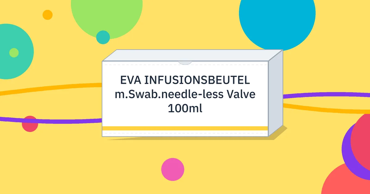 Symbolbild: Packung mit der Aufschrift EVA INFUSIONSBEUTEL m.Swab.needle-less Valve 100ml (PZN 19986819) – Verfügbarkeit und Bezug in Apotheken in Frankfurt am Main