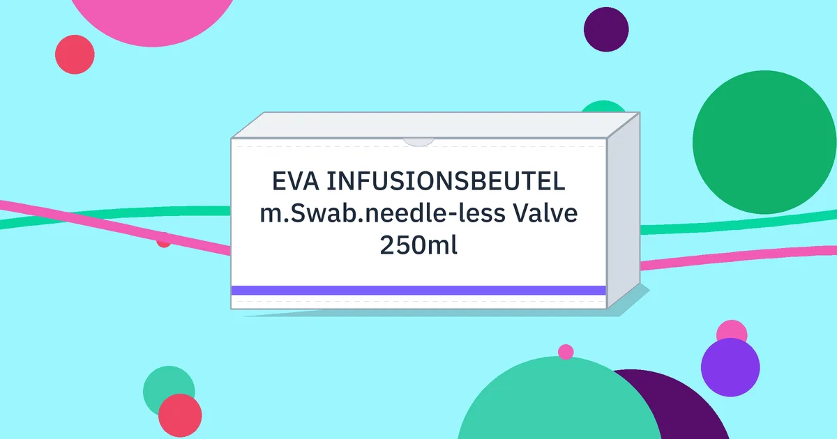 Symbolbild: Packung mit der Aufschrift EVA INFUSIONSBEUTEL m.Swab.needle-less Valve 250ml (PZN 19986825) – Verfügbarkeit und Bezug in Apotheken in Frankfurt am Main