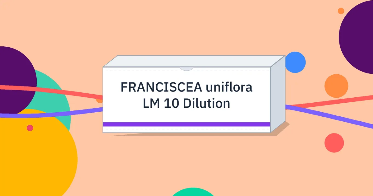 Symbolbild: Packung mit der Aufschrift FRANCISCEA uniflora LM 10 Dilution (PZN 13491092) – Verfügbarkeit und Bezug in Apotheken in Frankfurt am Main