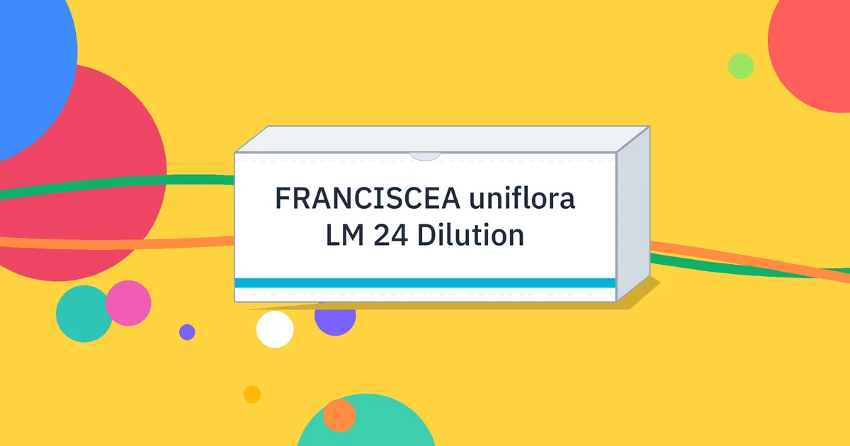 Symbolbild: Packung mit der Aufschrift FRANCISCEA uniflora LM 24 Dilution (PZN 13491258) – Verfügbarkeit und Bezug in Apotheken in Frankfurt am Main