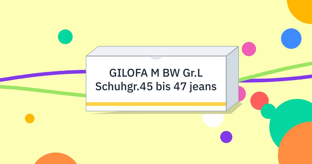 Symbolbild: Packung mit der Aufschrift GILOFA M BW Gr.L Schuhgr.45 bis 47 jeans (PZN 16725366) – Verfügbarkeit und Bezug in Apotheken in Frankfurt am Main