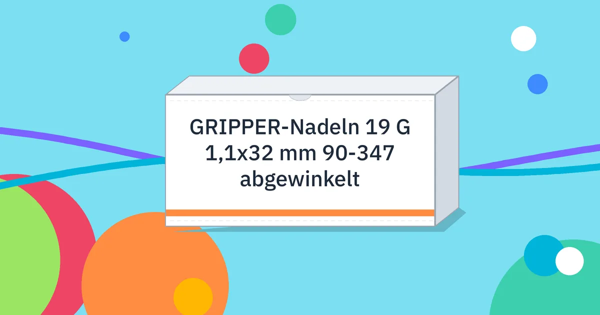 Symbolbild: Packung mit der Aufschrift GRIPPER-Nadeln 19 G 1,1x32 mm 90-347 abgewinkelt (PZN 14287040) – Verfügbarkeit und Bezug in Apotheken in Frankfurt am Main