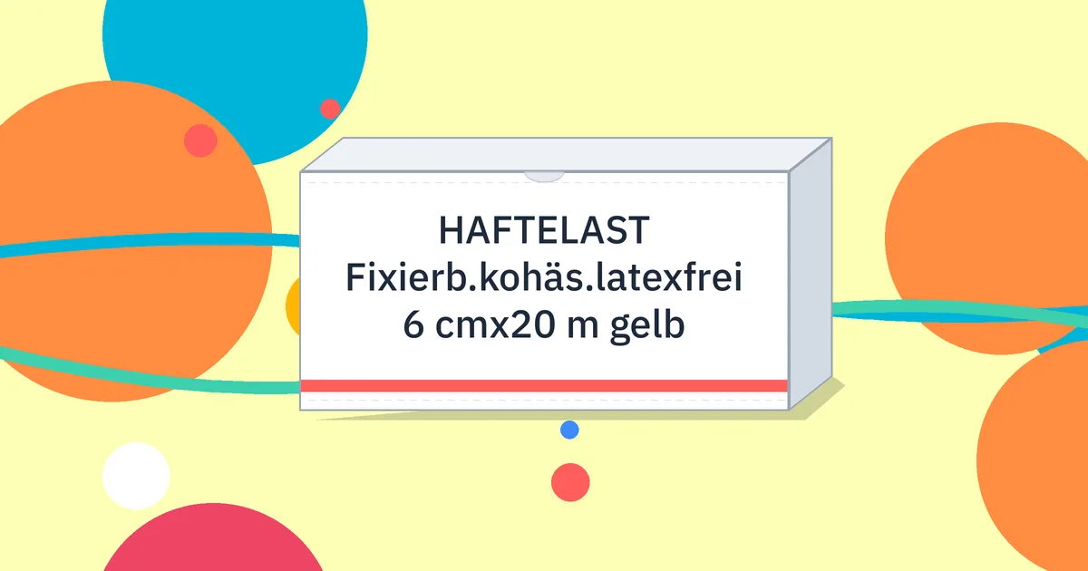 Symbolbild: Packung mit der Aufschrift HAFTELAST Fixierb.kohäs.latexfrei 6 cmx20 m gelb (PZN 08817290) – Verfügbarkeit und Bezug in Apotheken in Frankfurt am Main
