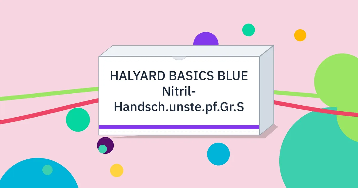 Symbolbild: Packung mit der Aufschrift HALYARD BASICS BLUE Nitril-Handsch.unste.pf.Gr.S (PZN 12608439) – Verfügbarkeit und Bezug in Apotheken in Frankfurt am Main