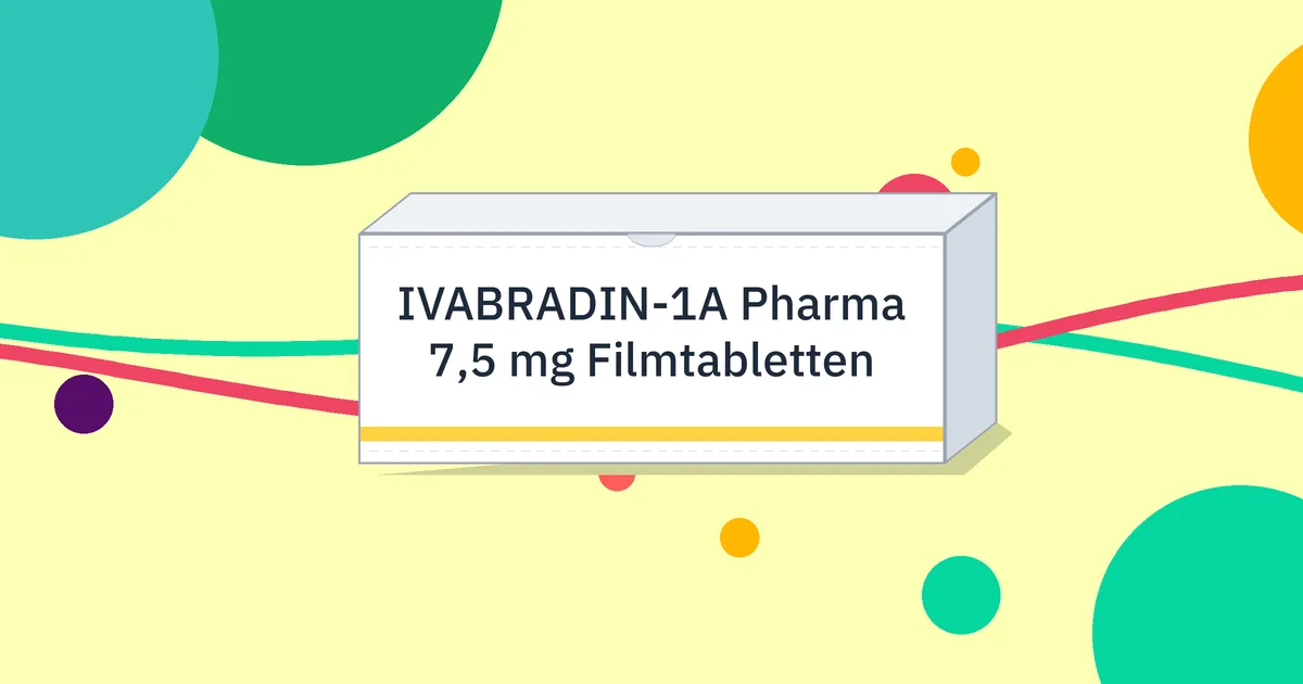 Symbolbild: Packung mit der Aufschrift IVABRADIN-1A Pharma 7,5 mg Filmtabletten (PZN 13830803) – Verfügbarkeit und Bezug in Apotheken in Frankfurt am Main