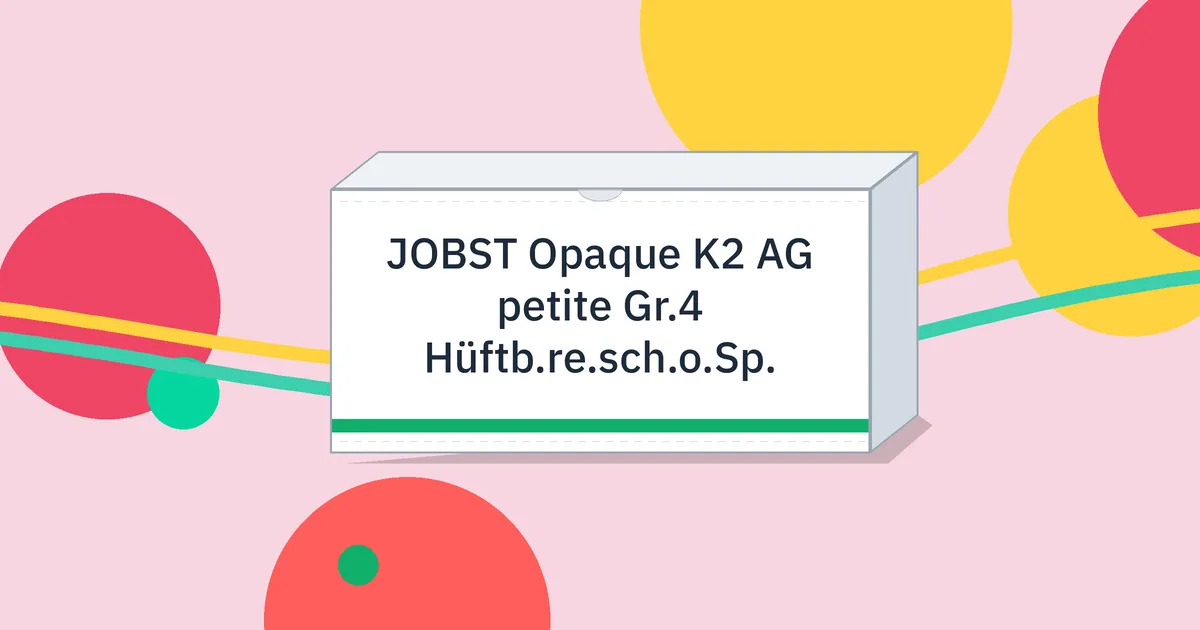Symbolbild: Packung mit der Aufschrift JOBST Opaque K2 AG petite Gr.4 Hüftb.re.sch.o.Sp. (PZN 13115584) – Verfügbarkeit und Bezug in Apotheken in Frankfurt am Main