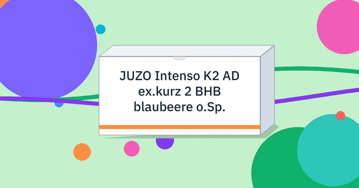 Symbolbild: Packung mit der Aufschrift JUZO Intenso K2 AD ex.kurz 2 BHB blaubeere o.Sp. (PZN 18625663) – Verfügbarkeit und Bezug in Apotheken in Frankfurt am Main
