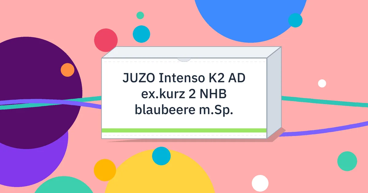 Symbolbild: Packung mit der Aufschrift JUZO Intenso K2 AD ex.kurz 2 NHB blaubeere m.Sp. (PZN 18611603) – Verfügbarkeit und Bezug in Apotheken in Frankfurt am Main