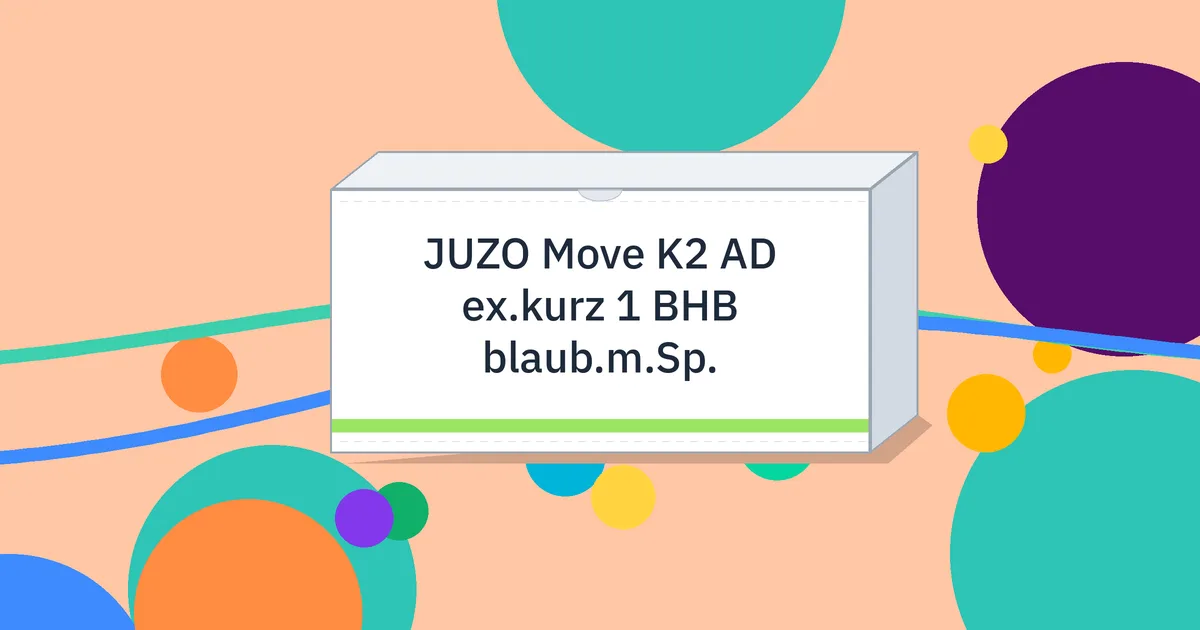 Symbolbild: Packung mit der Aufschrift JUZO Move K2 AD ex.kurz 1 BHB blaub.m.Sp. (PZN 18541920) – Verfügbarkeit und Bezug in Apotheken in Frankfurt am Main