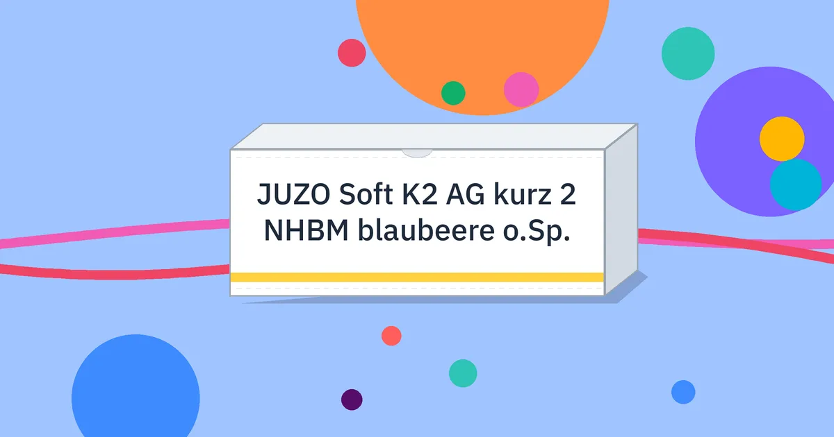 Symbolbild: Packung mit der Aufschrift JUZO Soft K2 AG kurz 2 NHBM blaubeere o.Sp. (PZN 15019873) – Verfügbarkeit und Bezug in Apotheken in Frankfurt am Main