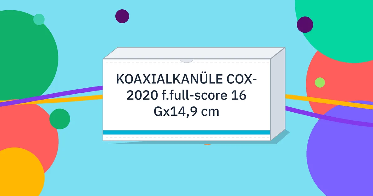Symbolbild: Packung mit der Aufschrift KOAXIALKANÜLE COX-2020 f.full-score 16 Gx14,9 cm (PZN 12499387) – Verfügbarkeit und Bezug in Apotheken in Frankfurt am Main