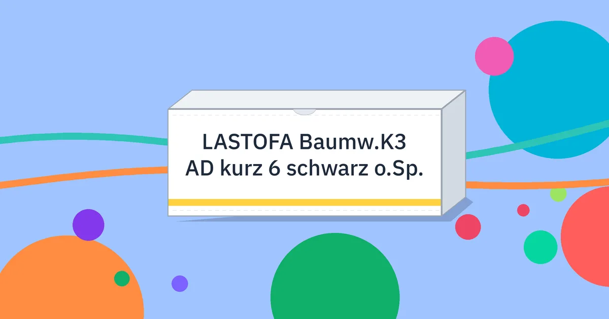 Symbolbild: Packung mit der Aufschrift LASTOFA Baumw.K3 AD kurz 6 schwarz o.Sp. (PZN 01954078) – Verfügbarkeit und Bezug in Apotheken in Frankfurt am Main
