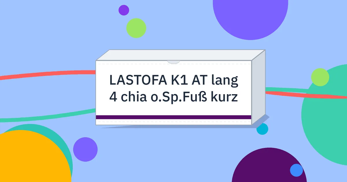 Symbolbild: Packung mit der Aufschrift LASTOFA K1 AT lang 4 chia o.Sp.Fuß kurz (PZN 13796101) – Verfügbarkeit und Bezug in Apotheken in Frankfurt am Main