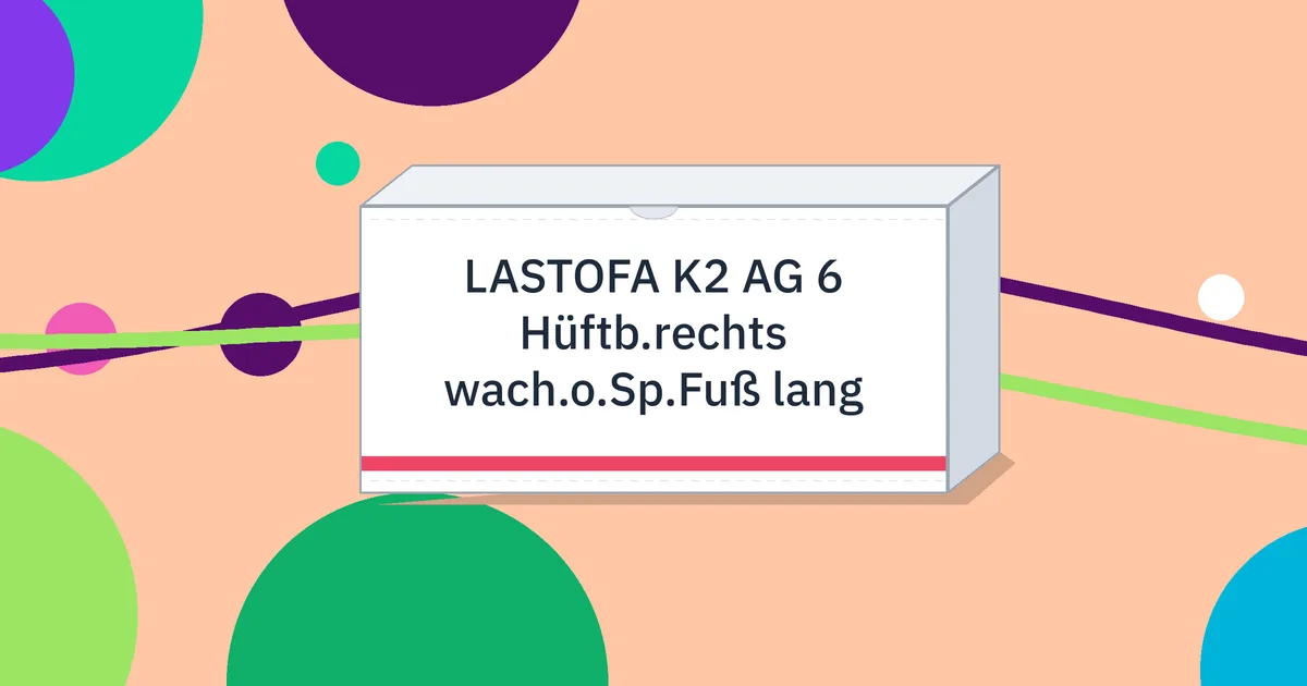 Symbolbild: Packung mit der Aufschrift LASTOFA K2 AG 6 Hüftb.rechts wach.o.Sp.Fuß lang (PZN 14152699) – Verfügbarkeit und Bezug in Apotheken in Frankfurt am Main
