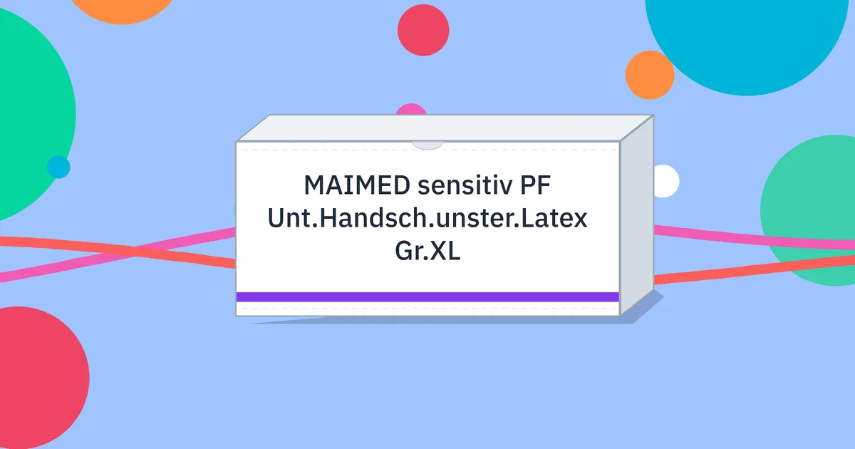 Symbolbild: Packung mit der Aufschrift MAIMED sensitiv PF Unt.Handsch.unster.Latex Gr.XL (PZN 02208035) – Verfügbarkeit und Bezug in Apotheken in Frankfurt am Main