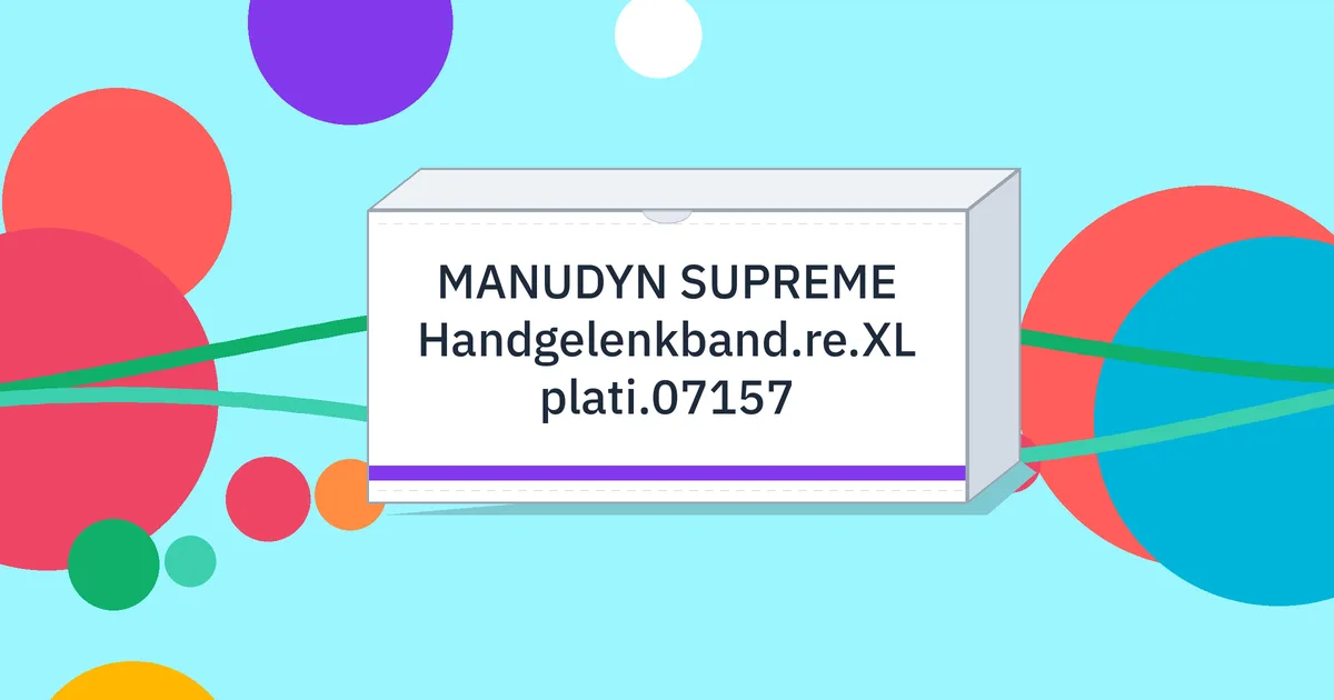 Symbolbild: Packung mit der Aufschrift MANUDYN SUPREME Handgelenkband.re.XL plati.07157 (PZN 16881735) – Verfügbarkeit und Bezug in Apotheken in Frankfurt am Main