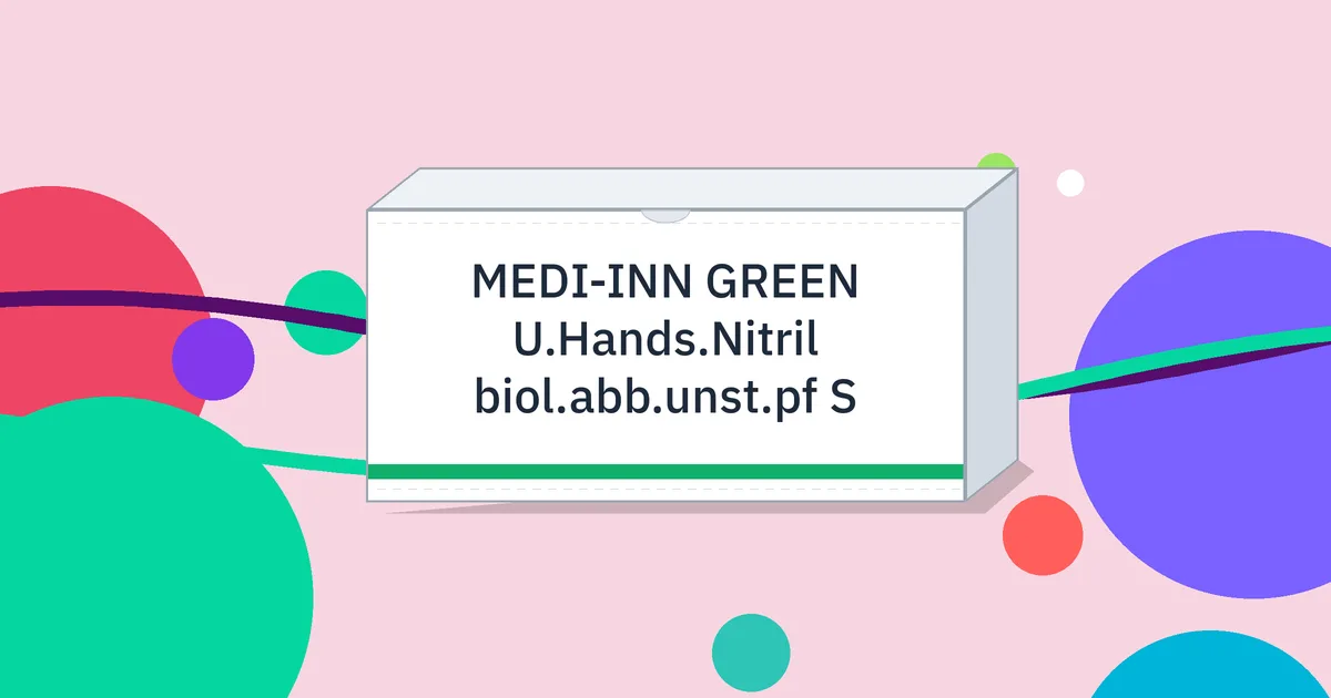 Symbolbild: Packung mit der Aufschrift MEDI-INN GREEN U.Hands.Nitril biol.abb.unst.pf S (PZN 19626854) – Verfügbarkeit und Bezug in Apotheken in Frankfurt am Main