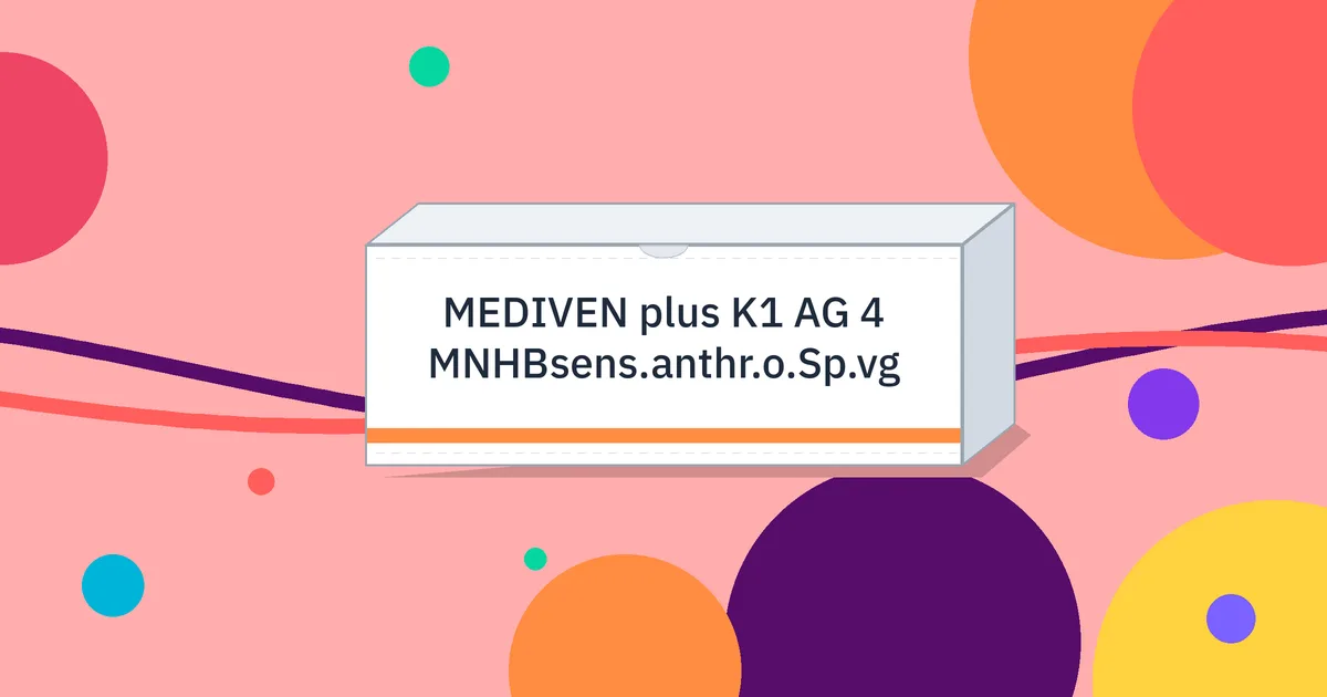 Symbolbild: Packung mit der Aufschrift MEDIVEN plus K1 AG 4 MNHBsens.anthr.o.Sp.vg (PZN 15916779) – Verfügbarkeit und Bezug in Apotheken in Frankfurt am Main