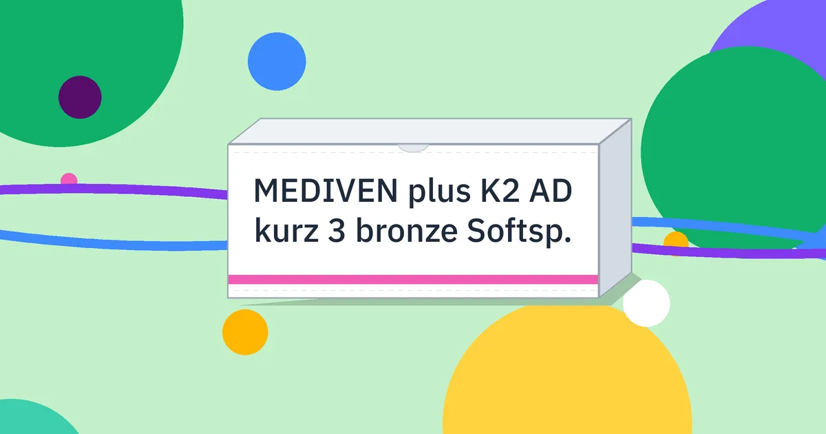 Symbolbild: Packung mit der Aufschrift MEDIVEN plus K2 AD kurz 3 bronze Softsp. (PZN 15097560) – Verfügbarkeit und Bezug in Apotheken in Frankfurt am Main
