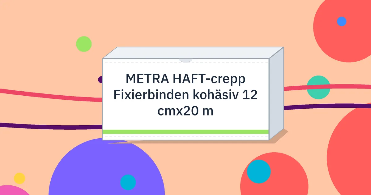 Symbolbild: Packung mit der Aufschrift METRA HAFT-crepp Fixierbinden kohäsiv 12 cmx20 m (PZN 07772378) – Verfügbarkeit und Bezug in Apotheken in Frankfurt am Main