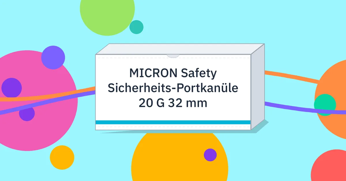 Symbolbild: Packung mit der Aufschrift MICRON Safety Sicherheits-Portkanüle 20 G 32 mm (PZN 19146315) – Verfügbarkeit und Bezug in Apotheken in Frankfurt am Main