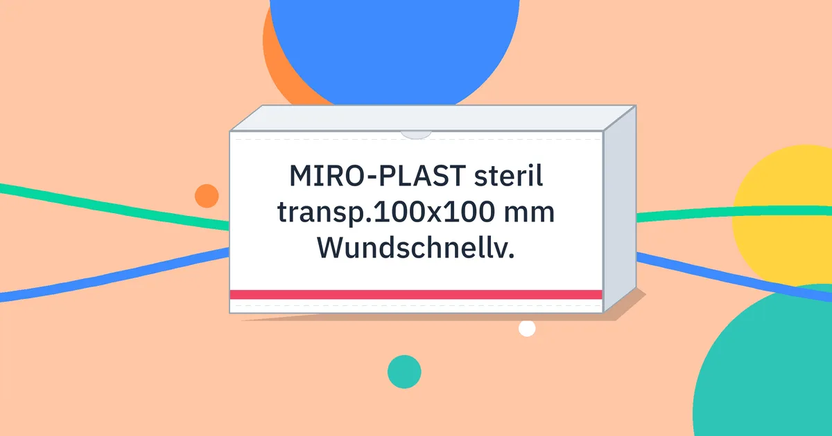 Symbolbild: Packung mit der Aufschrift MIRO-PLAST steril transp.100x100 mm Wundschnellv. (PZN 04721794) – Verfügbarkeit und Bezug in Apotheken in Frankfurt am Main