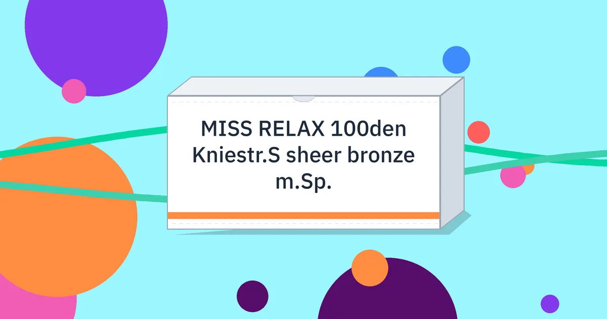 Symbolbild: Packung mit der Aufschrift MISS RELAX 100den Kniestr.S sheer bronze m.Sp. (PZN 01635479) – Verfügbarkeit und Bezug in Apotheken in Frankfurt am Main