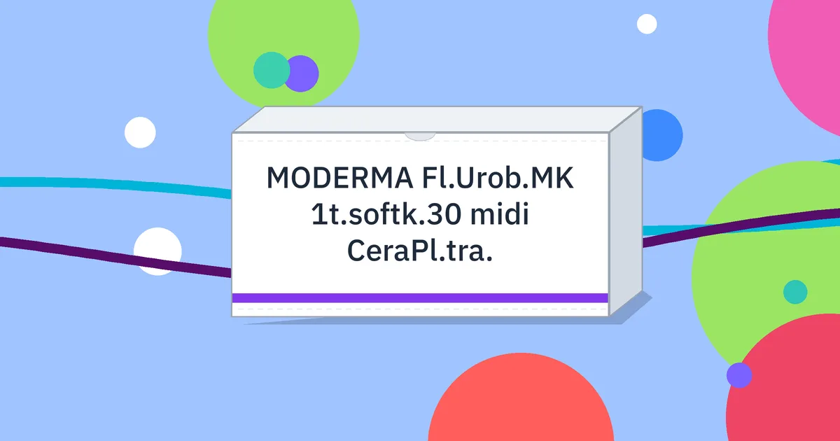 Symbolbild: Packung mit der Aufschrift MODERMA Fl.Urob.MK 1t.softk.30 midi CeraPl.tra. (PZN 18109312) – Verfügbarkeit und Bezug in Apotheken in Frankfurt am Main
