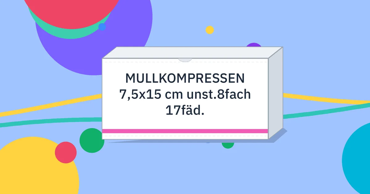 Symbolbild: Packung mit der Aufschrift MULLKOMPRESSEN 7,5x15 cm unst.8fach 17fäd. (PZN 06928453) – Verfügbarkeit und Bezug in Apotheken in Frankfurt am Main