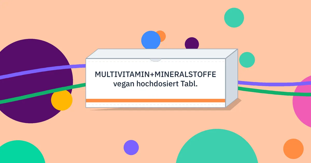 Symbolbild: Packung mit der Aufschrift MULTIVITAMIN+MINERALSTOFFE vegan hochdosiert Tabl. (PZN 19461577) – Verfügbarkeit und Bezug in Apotheken in Frankfurt am Main